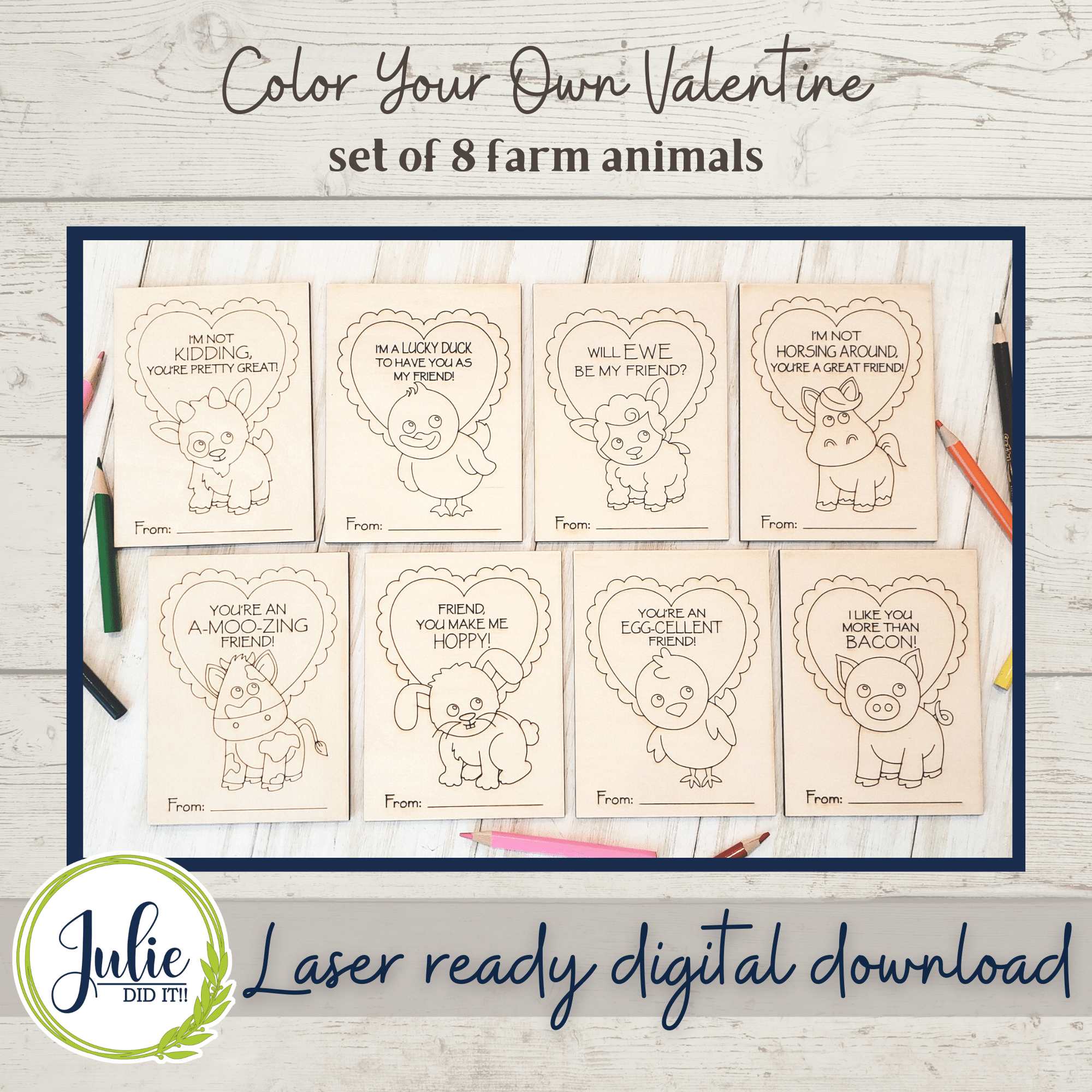 Color Your Own Valentine - Farm Animals – Julie Did It Studios