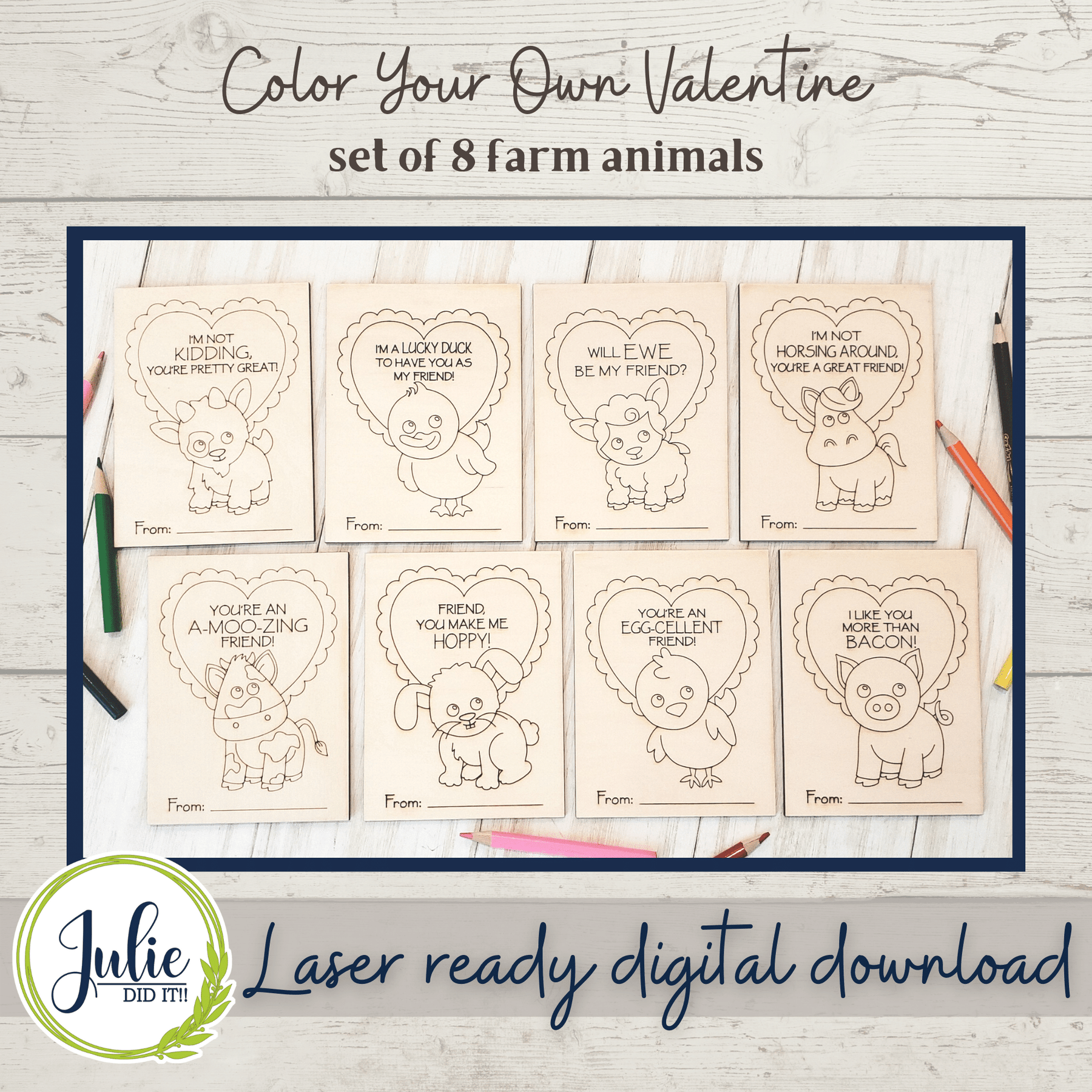 Color Your Own Valentine - Farm Animals – Julie Did It Studios