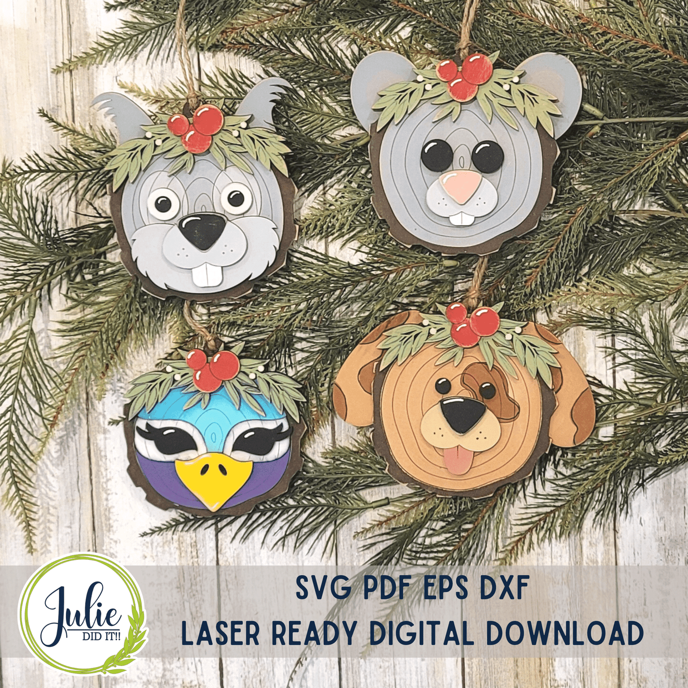 Wood Slice Ornaments 5 (Squirrel, Peacock, Mouse, Dog) – Julie Did It ...